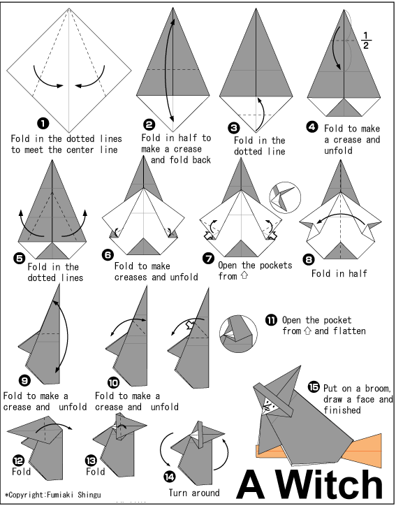 Origami A Witch and Broom - Easy Origami instructions For Kids