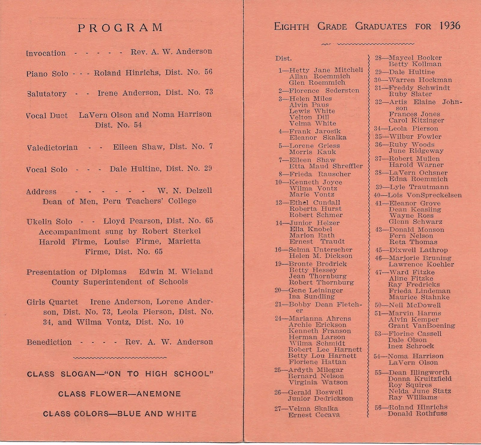 Sutton Nebraska Museum: 1936 8th Grade Promotion Exercise's Program