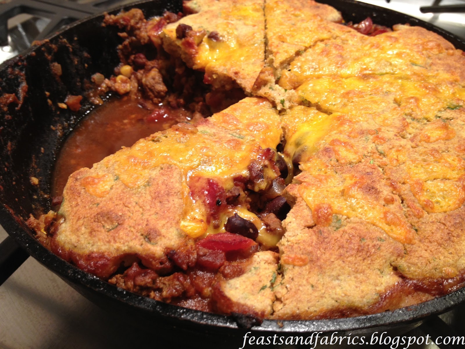 Feasts and Fabrics: Corn Bread-Topped Beef and Black Bean Chili