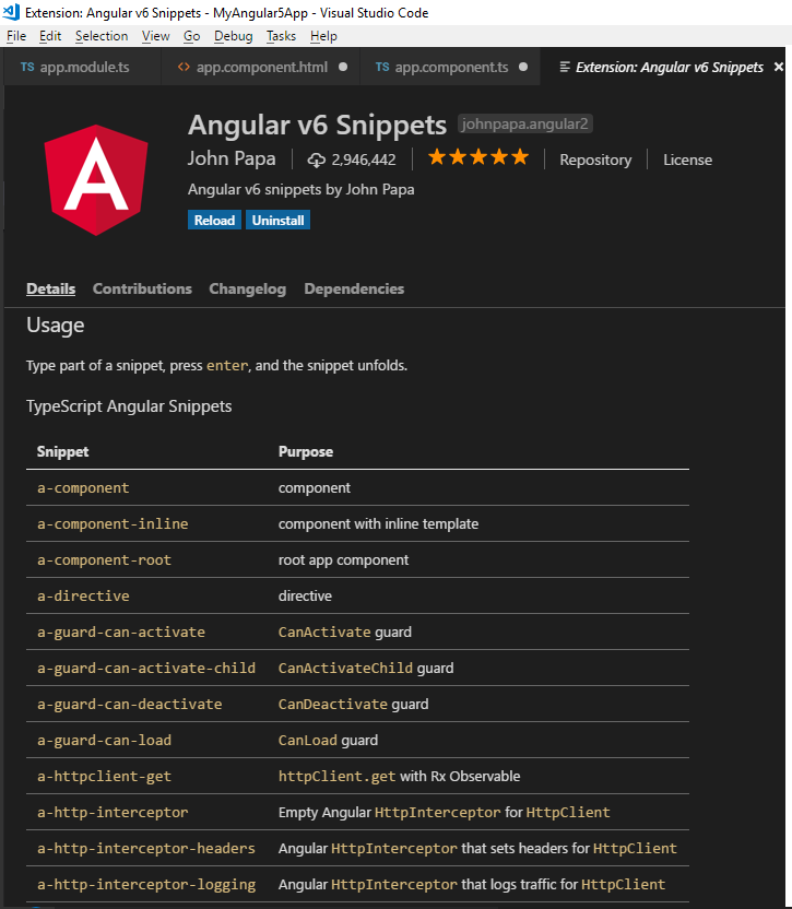 Angular 6 TypeScript Snippets for VS Code by John Papa Angular 6 TypeScript Snippets for VS Code by John Papa