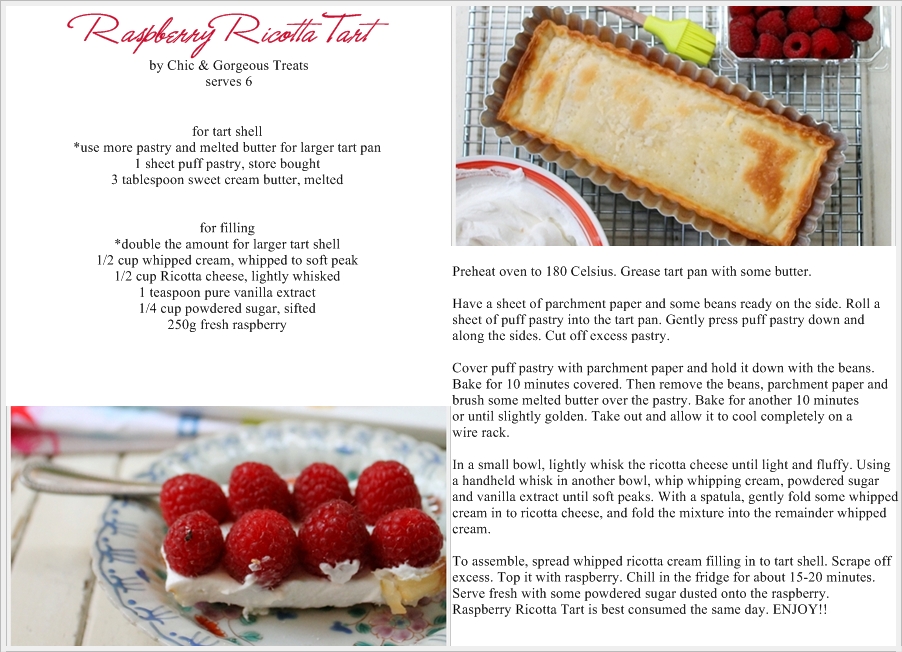 Chic & Gorgeous Treats: Baking Recipe: Raspberry Ricotta Tart & THANKS!!!