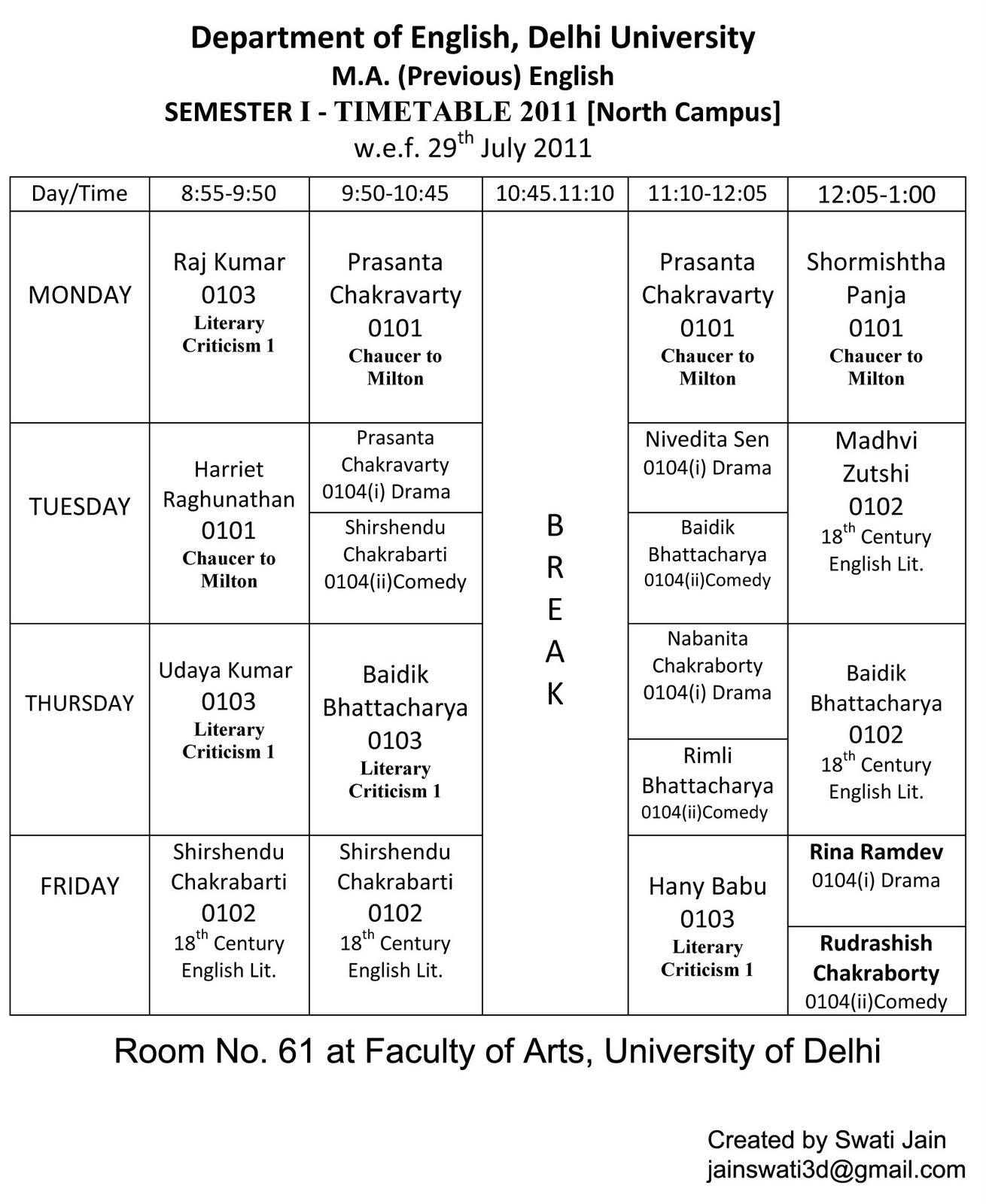 MA English: SEMESTER I - TIMETABLE 2011 (NORTH CAMPUS)