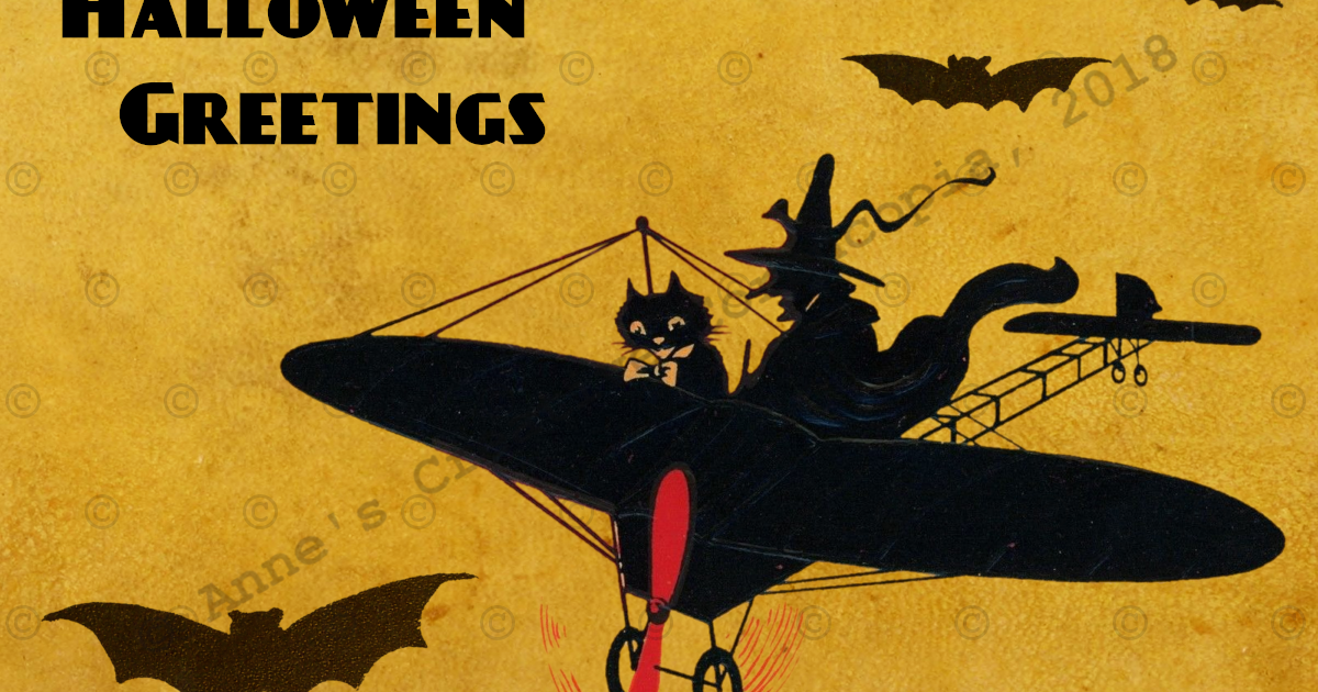 Anne's Creative Cornucopia: "Halloween Witch Cat Flying Plane" - Postcard