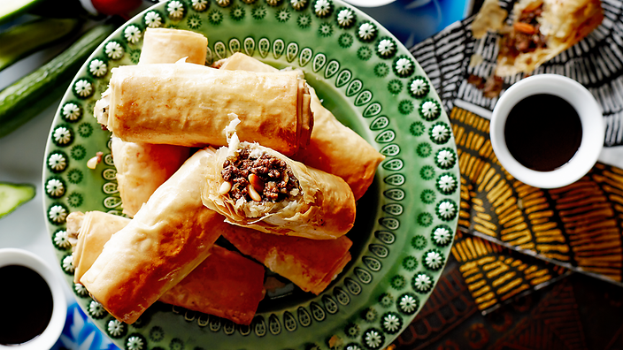 Filo pastries filled with spiced mince and pine nuts (znoud el-sit ...