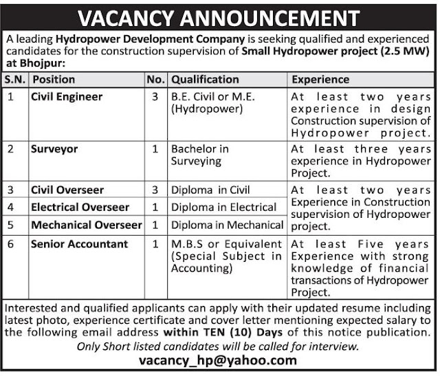 Job Vacancy in Bhojpur Nepal - Civil Engineer | Cool Jobs Gulf