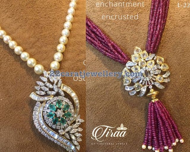 Diamond Pendants with Pearl Ruby Beads Strings - Jewellery Designs