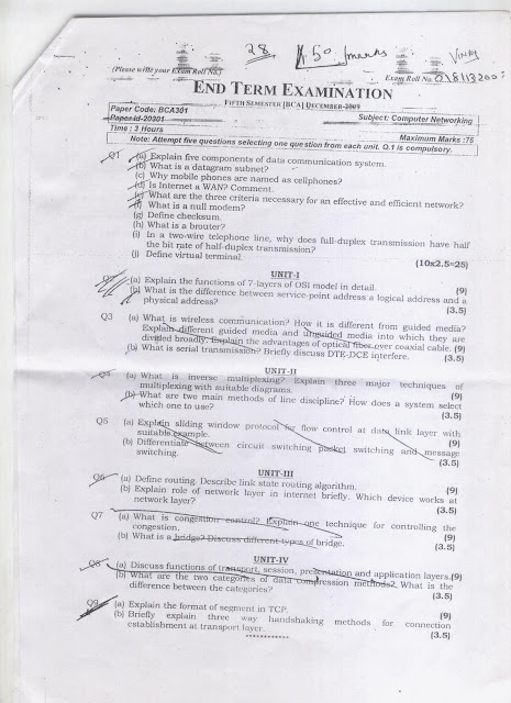Computer Network previous Years question peper.For GGS IPU BCA