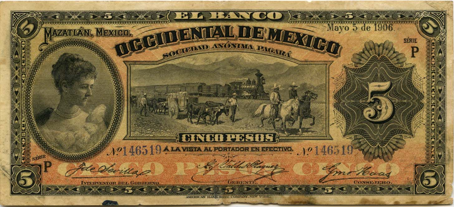 Mexican banknotes 5 Pesos banknote 1906 Banco Occidental de Mexico ...