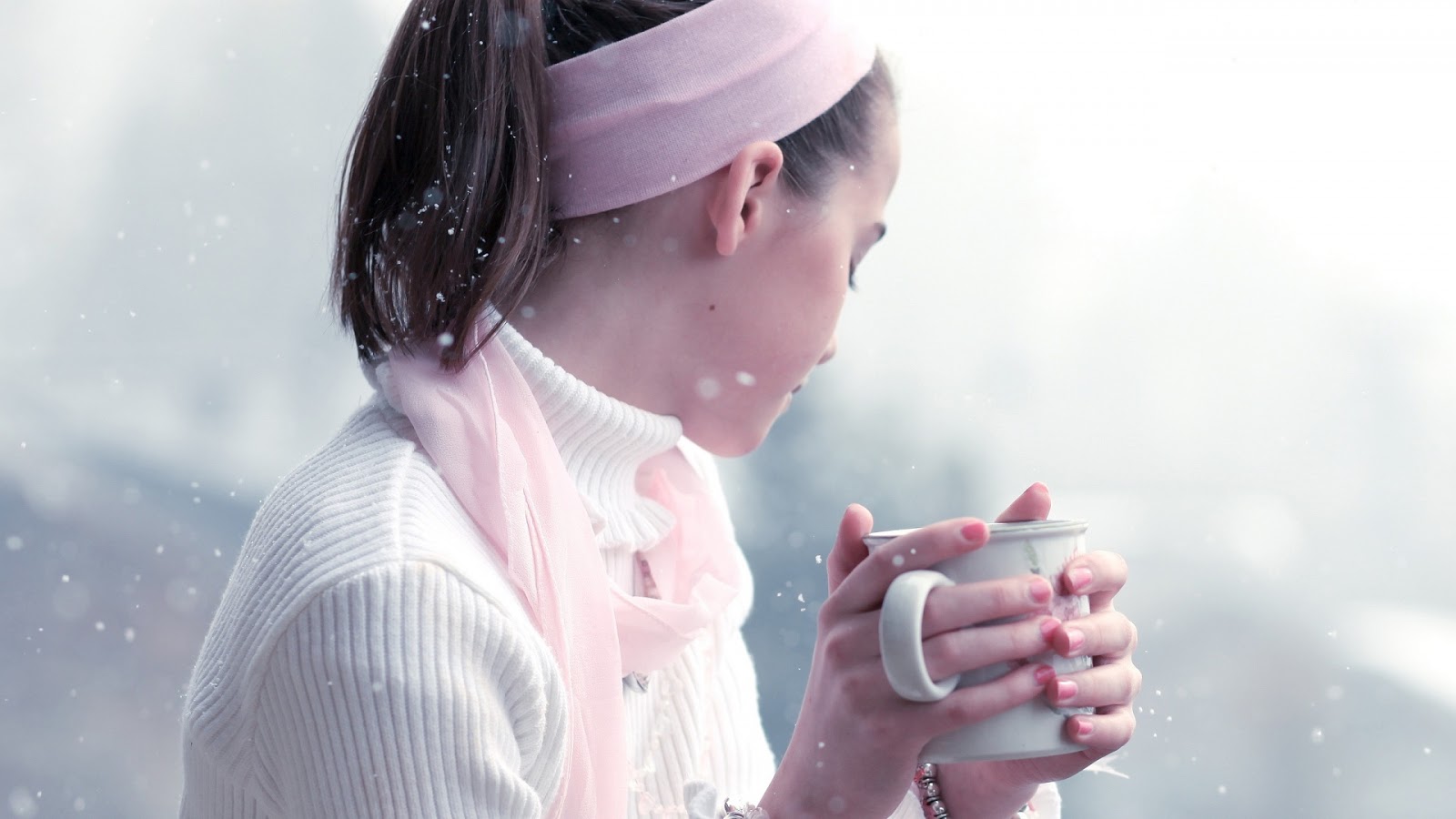 Girl Coffee Snow - Mystery Wallpaper