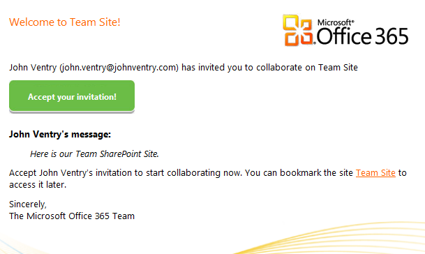 Invitation to Sharing Office 365 SharePoint Team Site With External Users
