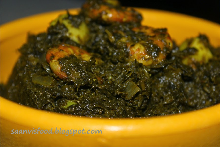 Saanvis food: Gongura Royyalu Nuvvula Kurra (Prawns cooked in Sour Greens)