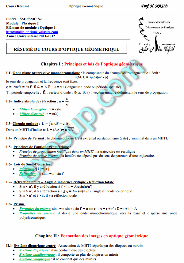 résumé d’optique géométrique SMP/SMC S2 - ExoSup