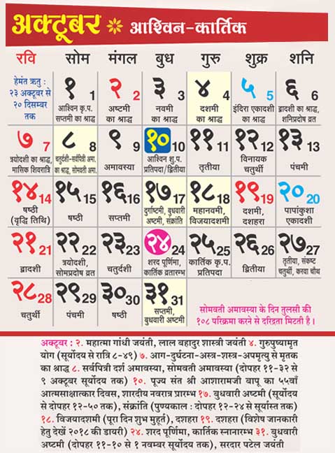 हिन्दू कैलेंडर अक्टूबर २०१८ - तिथि - त्यौहार - व्रत - आश्विन - कार्तिक ...