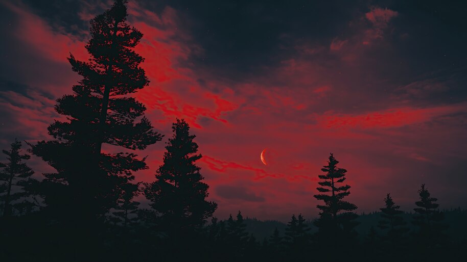 Moon, Red Night, Sky, Forest, Scenery, 4K, #6.2202 Wallpaper PC Desktop