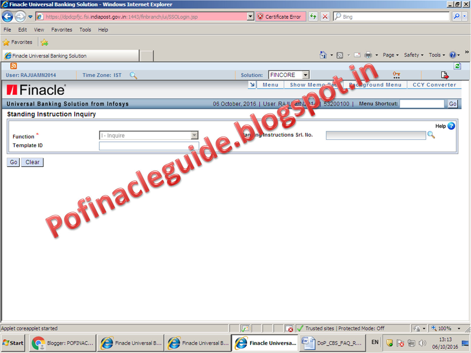 Procedure to inquire standing instruction number for RD account in DOP ...