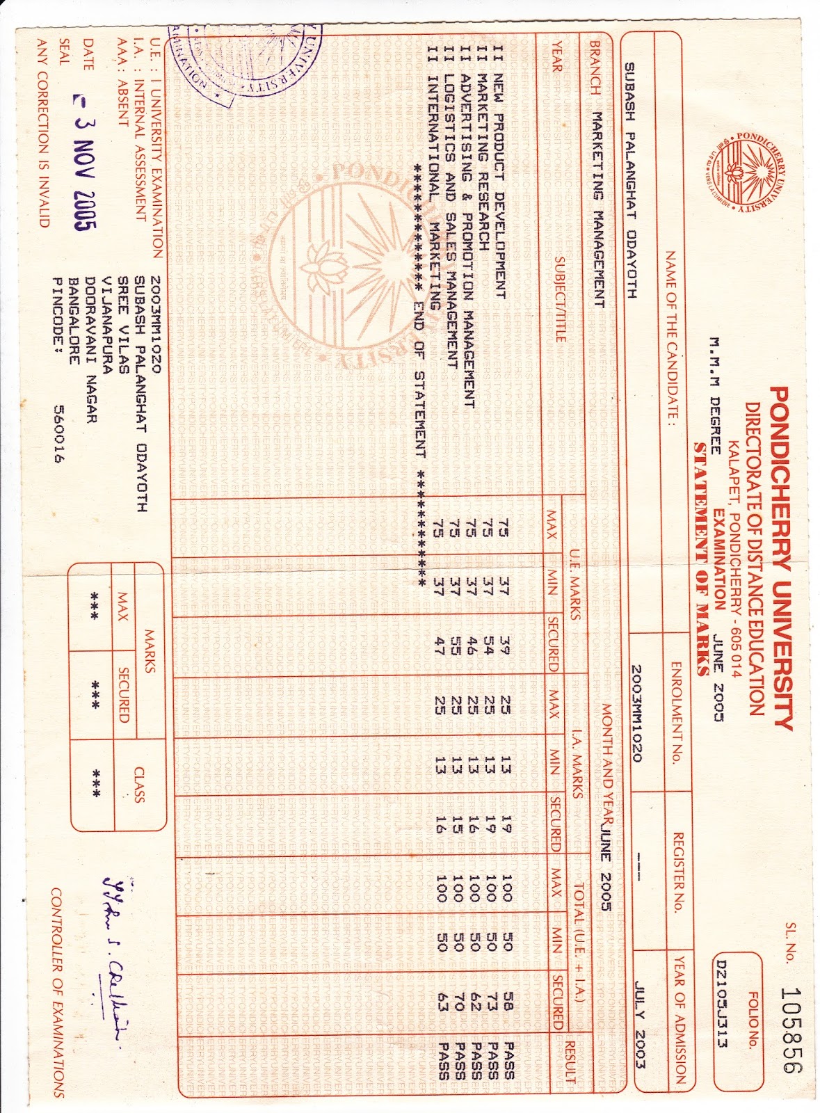 BANGALORECITY: pondicherry university certificate