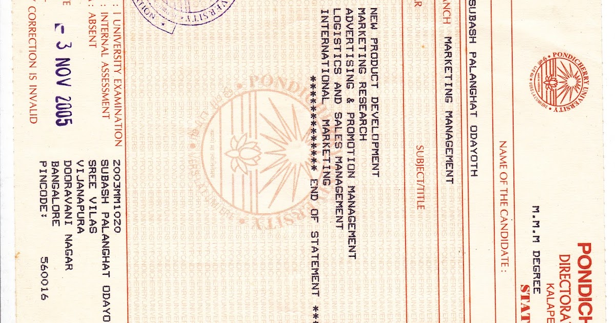 BANGALORECITY: pondicherry university certificate