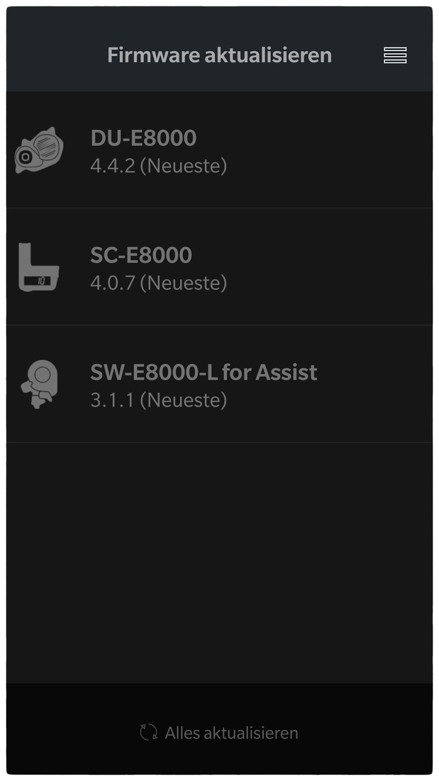 Übersicht der Shimano E-Tube App Funktionen