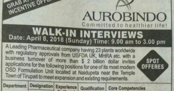 Global Pharma News: AUROBINDO PHARMA UNIT-X (NAYUDUPETA) WALK IN ...