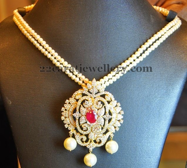 Floral Diamond Locket with Pearls Strings - Jewellery Designs