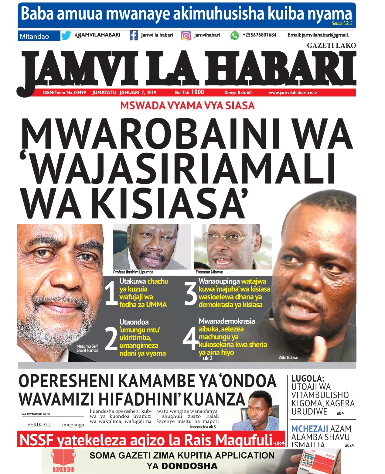 Tanzanian Today's Newspapers MAGAZETI YA LEO Monday 07th January, 2019 ...