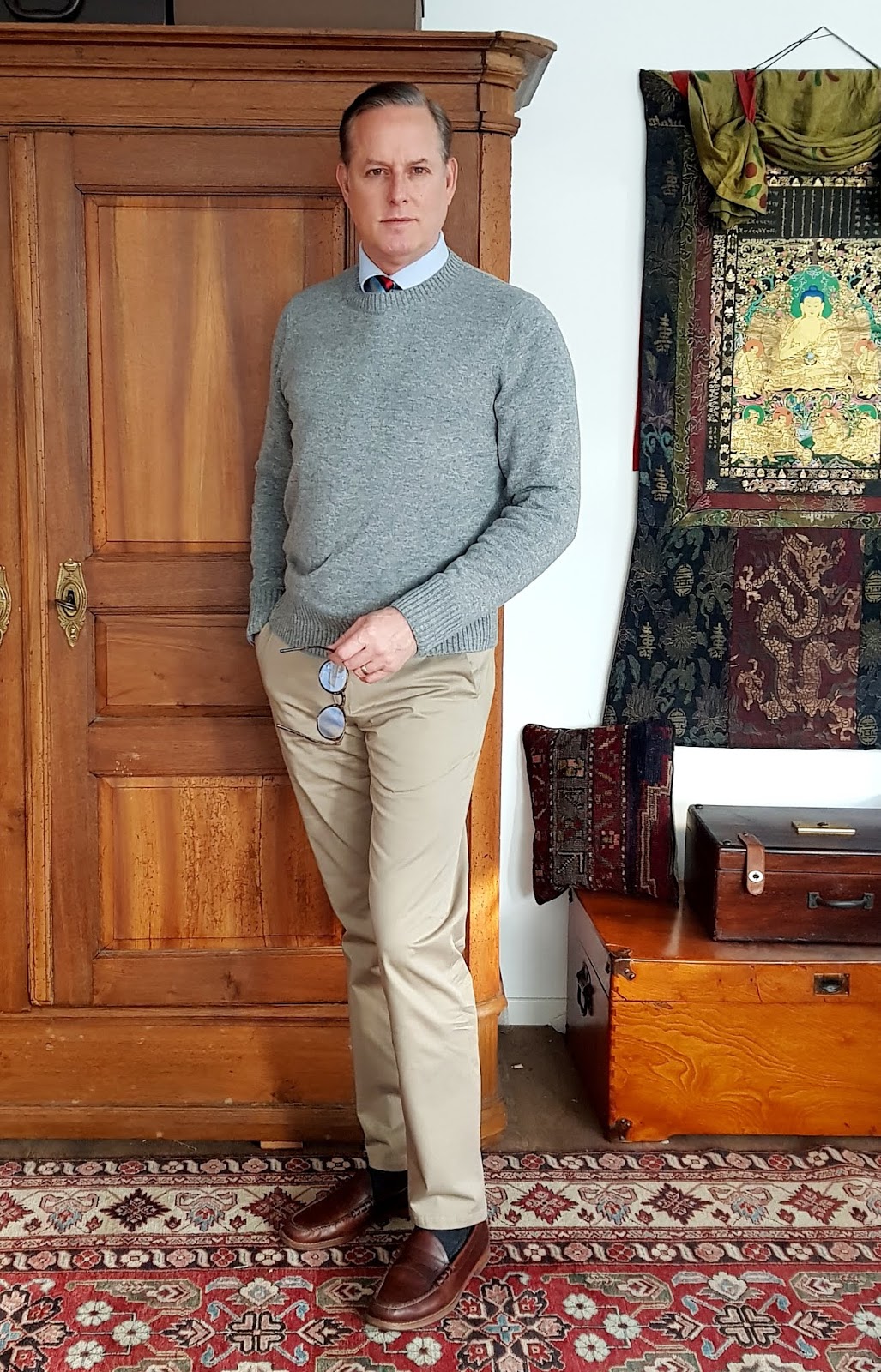 Landless Gentry: Oxford strip OCBD shirt, Chinos and Grey Crew Neck ...