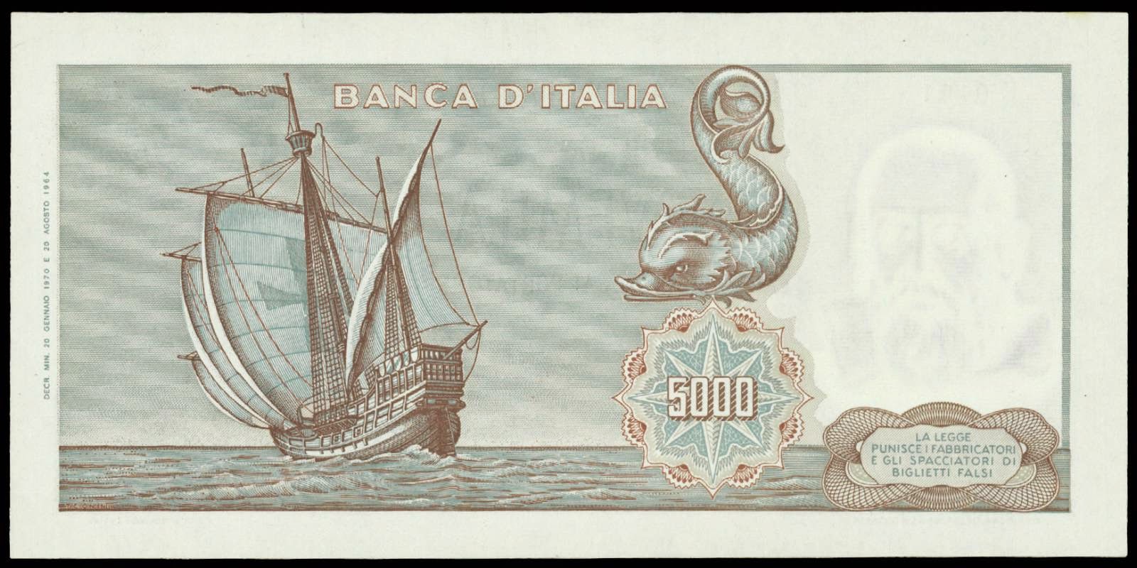 Italy 5000 Lira note 1970 Christopher Columbus|World Banknotes & Coins ...
