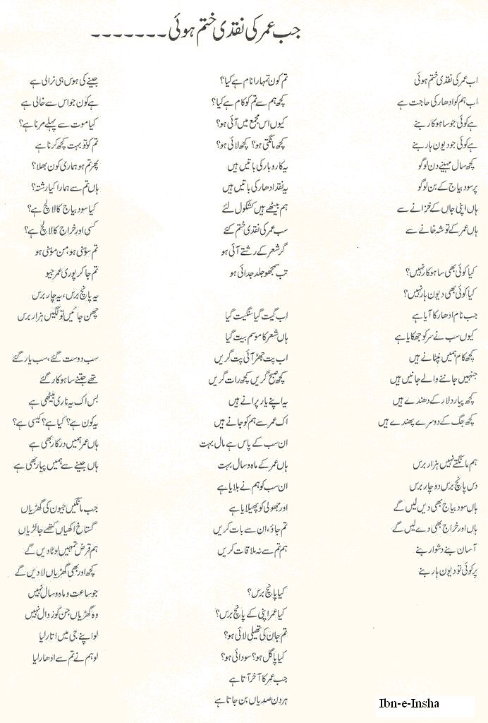 khaki.ghazal: Ab umer ki naqdi khatam hui By Insha Jee