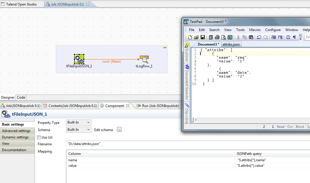 Talend Hunter: Screenshot of a tFileInputJSON Component