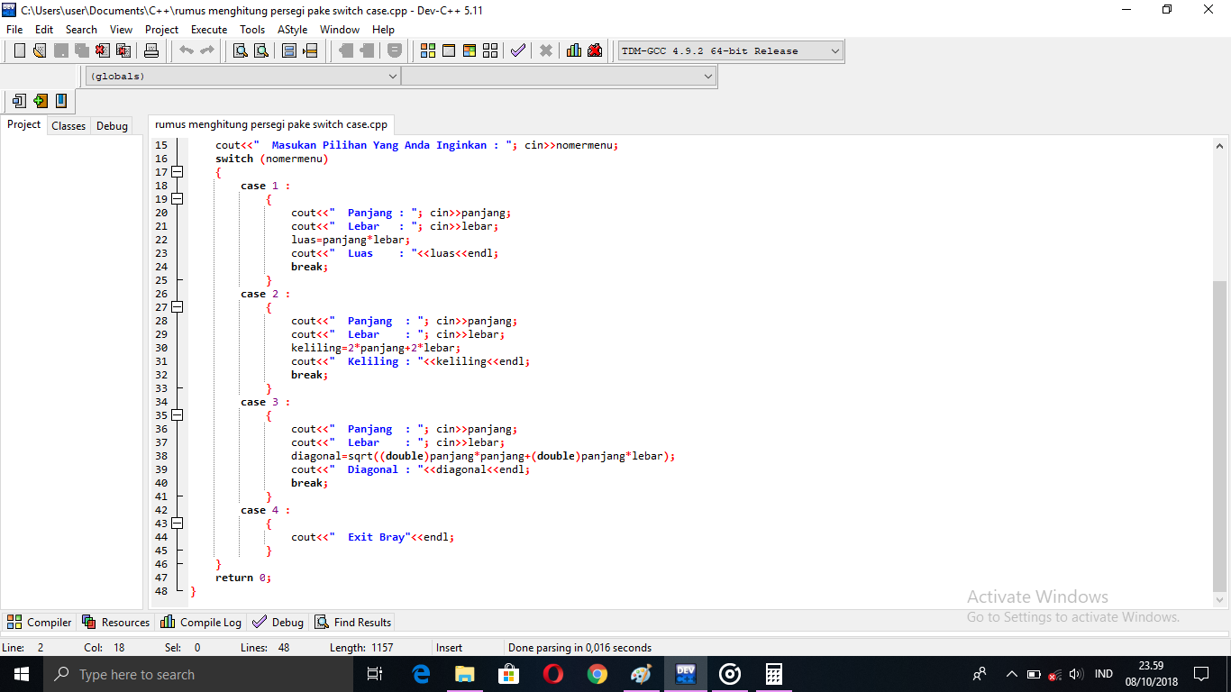 Tutorial C++ | Program Menghitung Rumus Persegi (Luas, Keliling dan ...