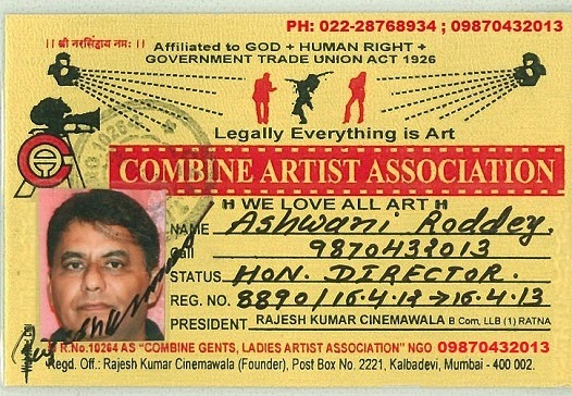 Artist card issued by Roddey Film Productions, Mumbai