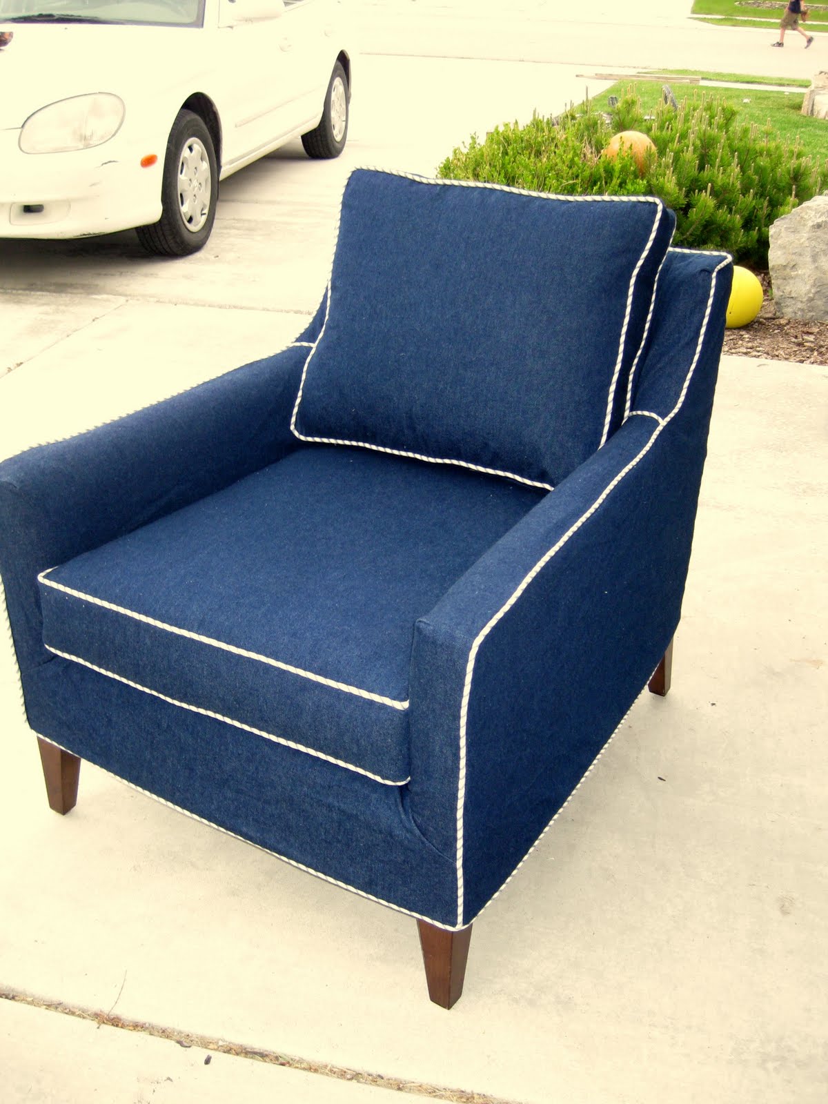 Custom Slipcovers by Shelley: Denim chair with ticking stripe piping