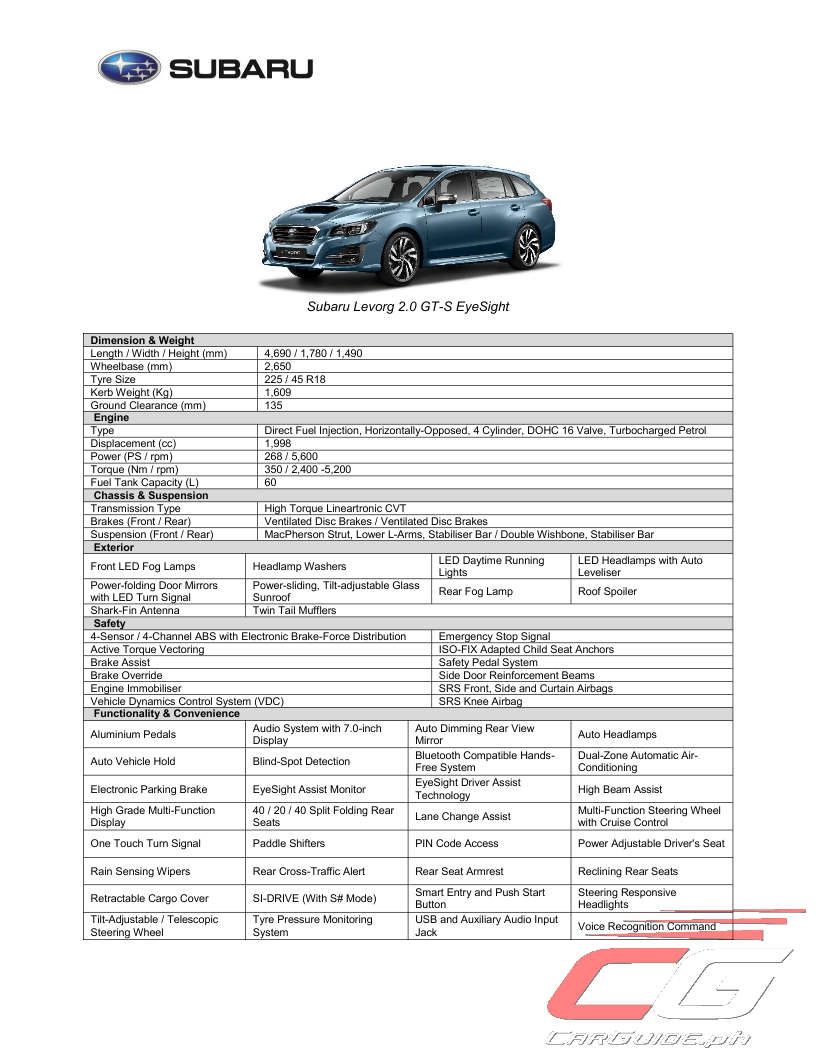 UPDATED: Subaru Philippines to Launch Levorg 2.0 GT-S on September 22 ...