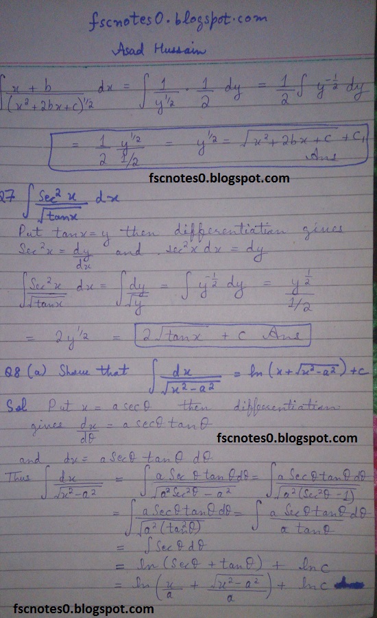 Fsc Ics Notes Math Part 2 Chapter 3 Integration Exercise 33 Complete 2560