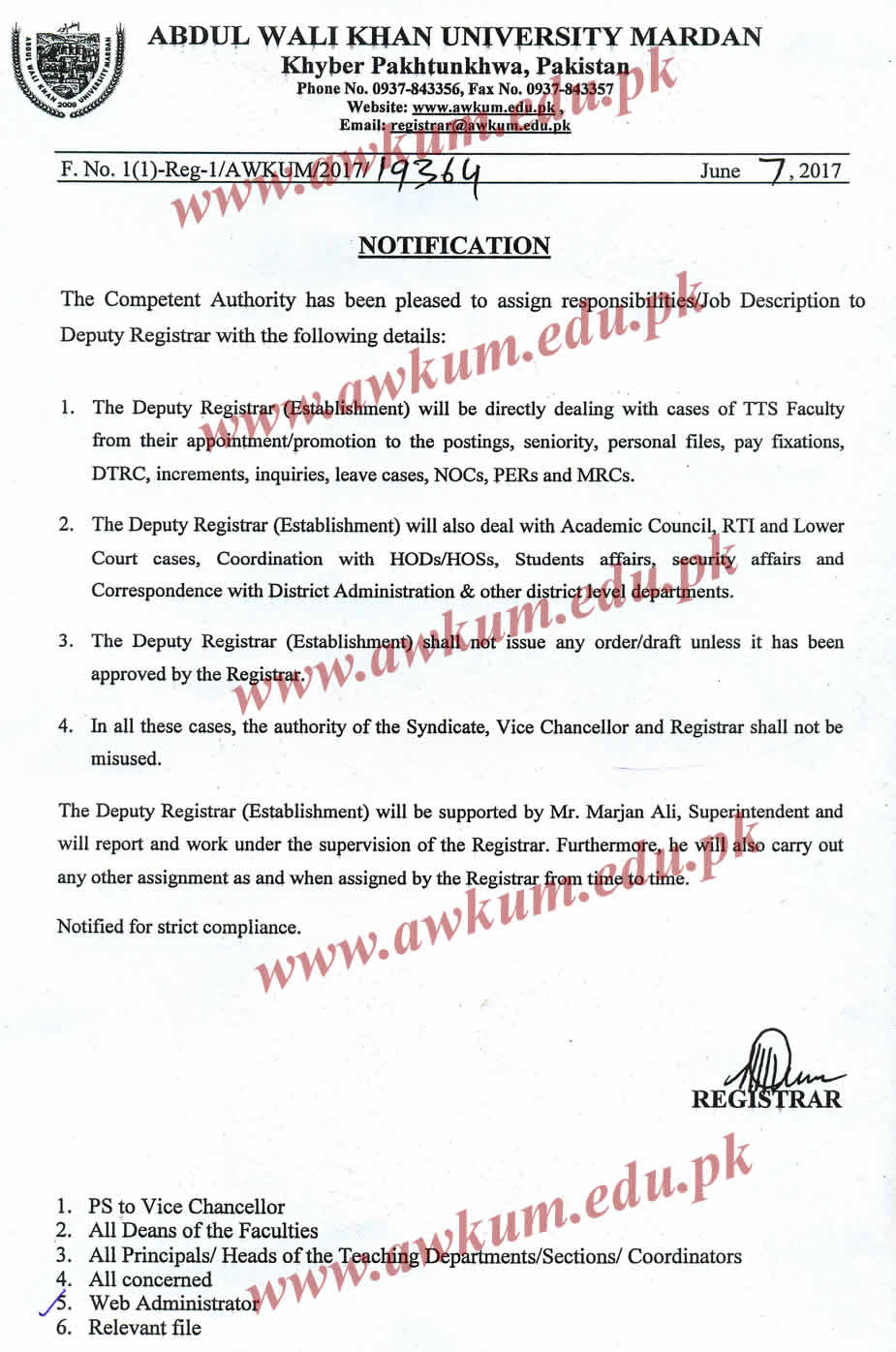 Abdul Wali Khan University Mardan: Notifications From Office of The ...