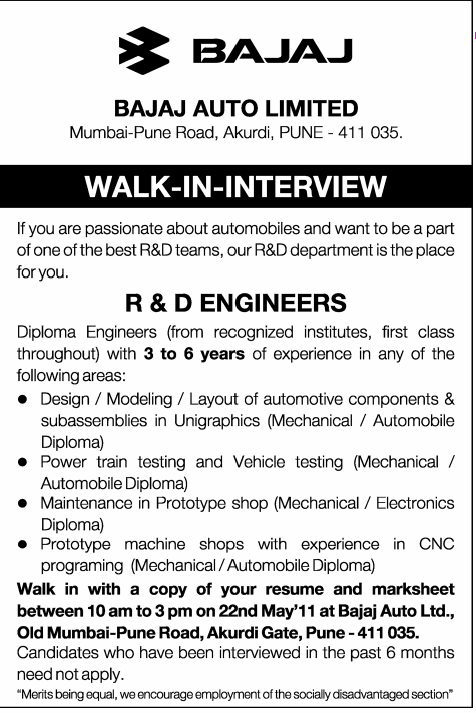 Bajaj Auto Limited Hotel Walkin Interview May 22nd 2011 Pune - Walkin ...