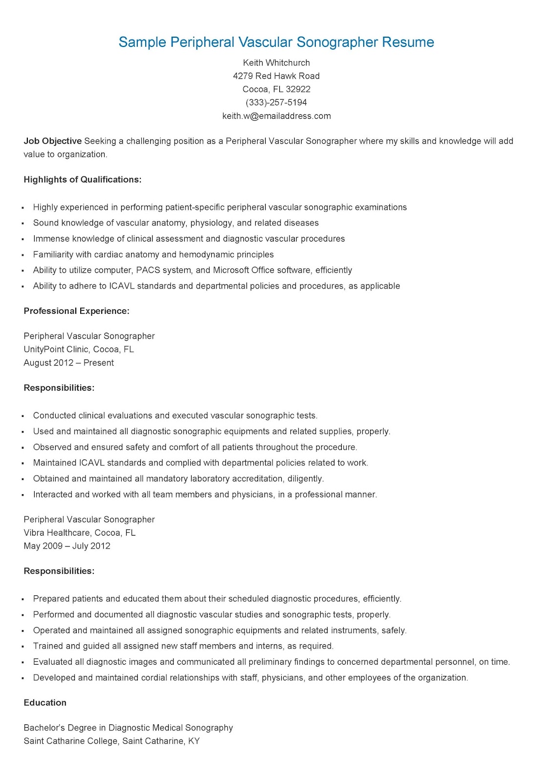 Resume Samples: Sample Peripheral Vascular Sonographer Resume