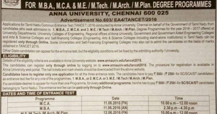 TANCET 2016 Online Application Form Anna University Entrance Exam for ...