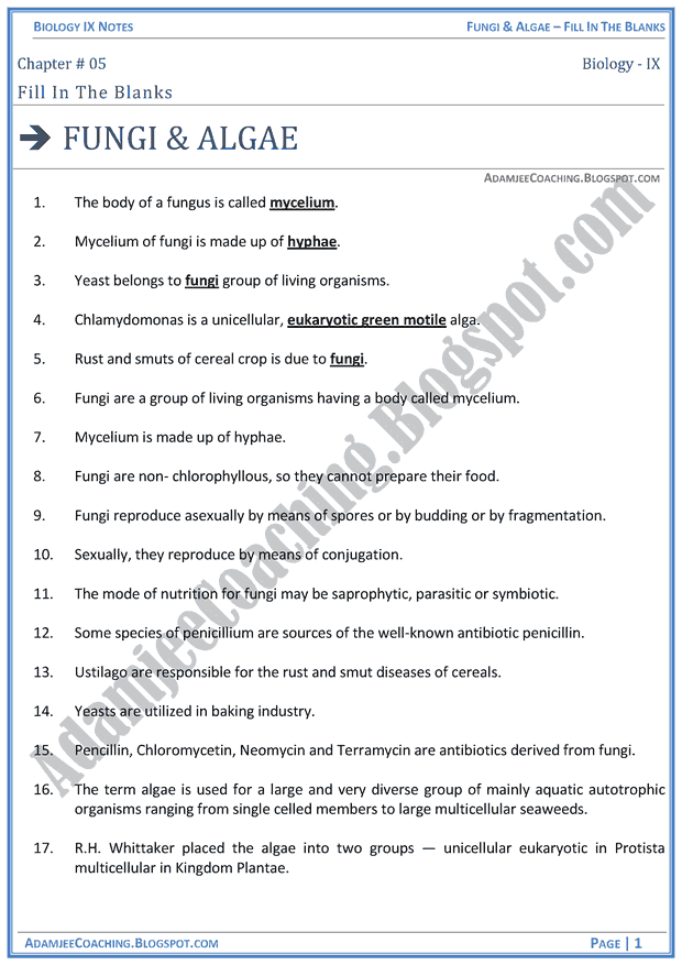 Adamjee Coaching: Fungi and Algae - Fill In The Blanks - Biology Notes ...