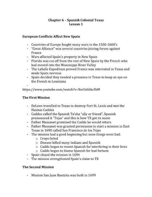 EHMS Texas History: Chapter 6 - Lesson 1 Notes, Chapter 5 Test ...