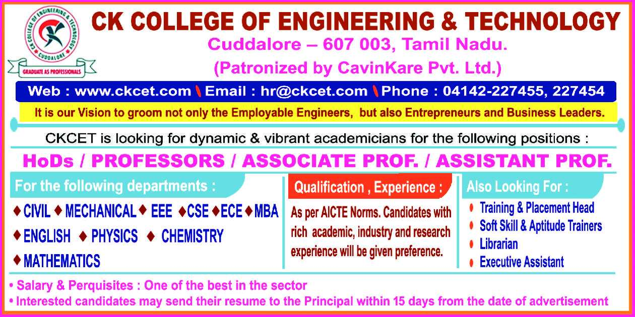 CK College of Engineering and Technology, Cuddalore, Wanted Teaching ...