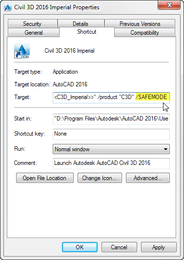 Civil 3D Etcetera: Starting AutoCAD in Safemode