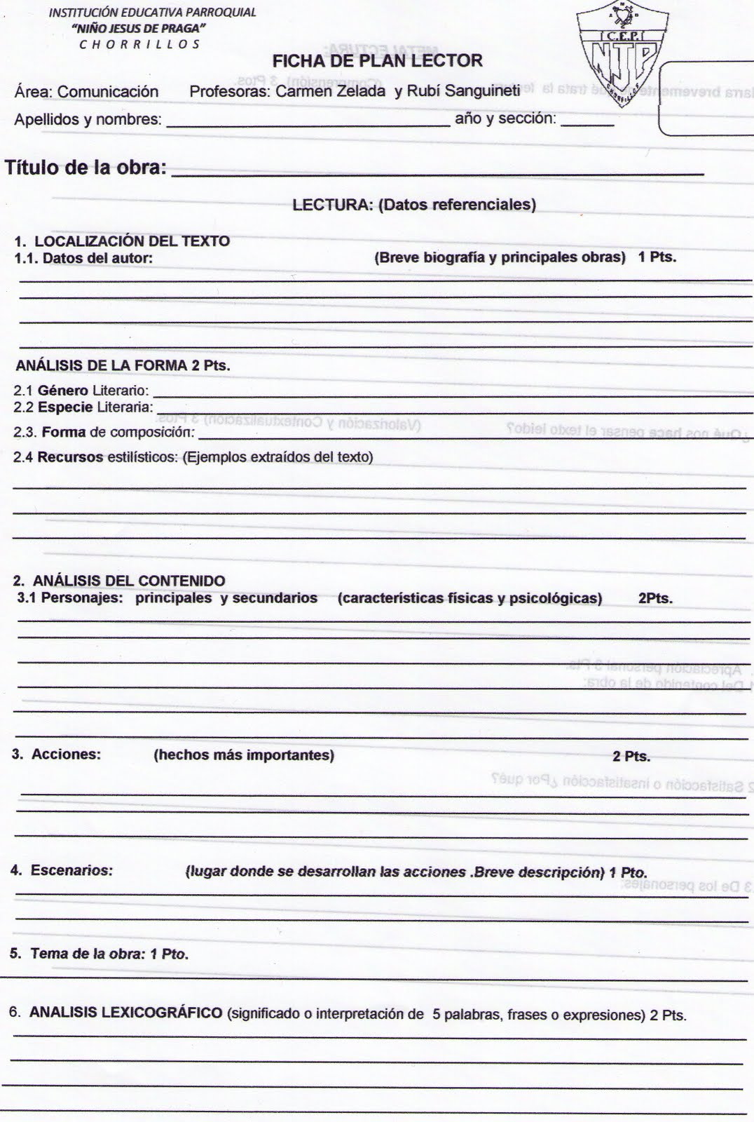 Carmen Zelada: Ficha Plan Lector 2do secundaria