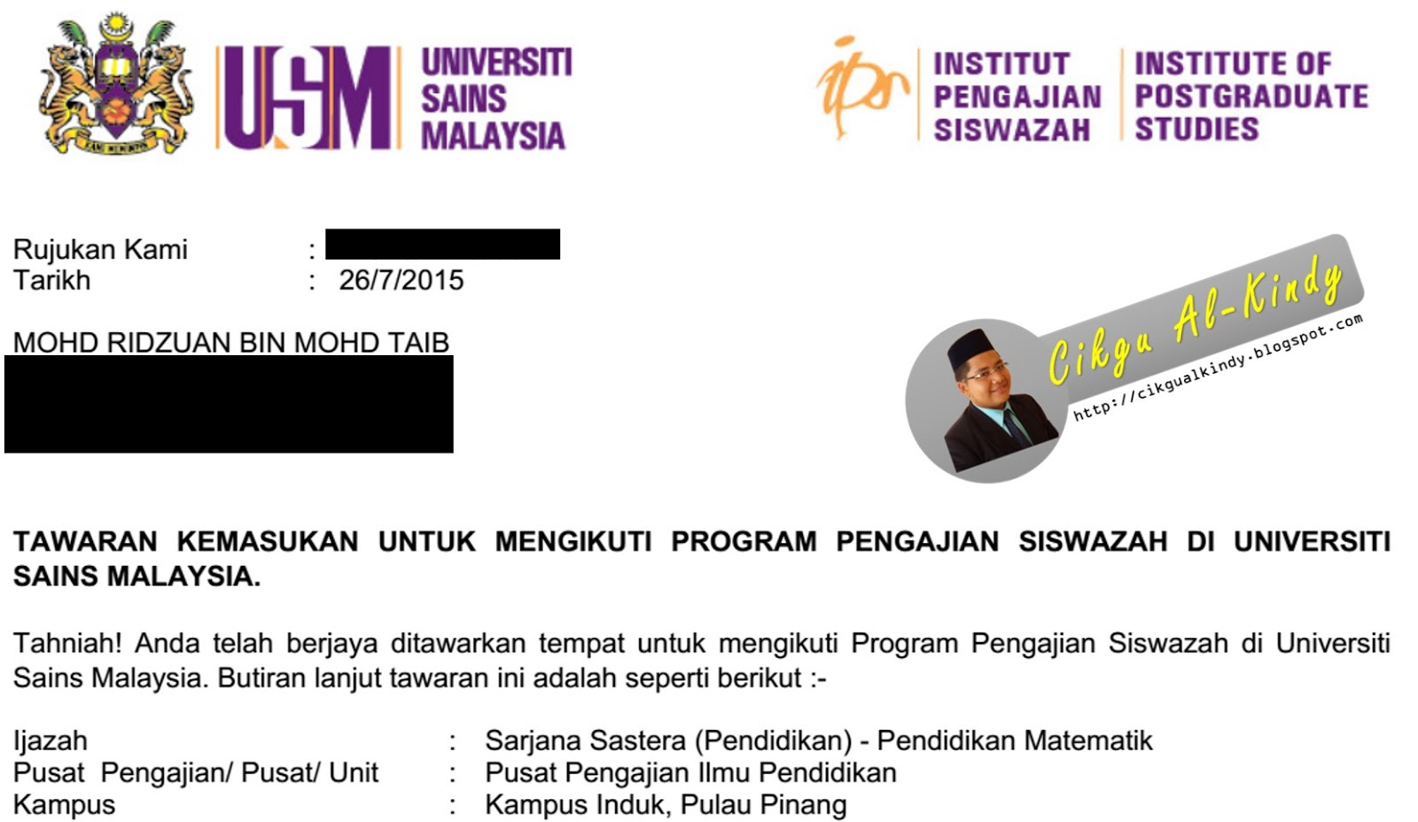 Perjuangan Sambung Master di USM Bermula