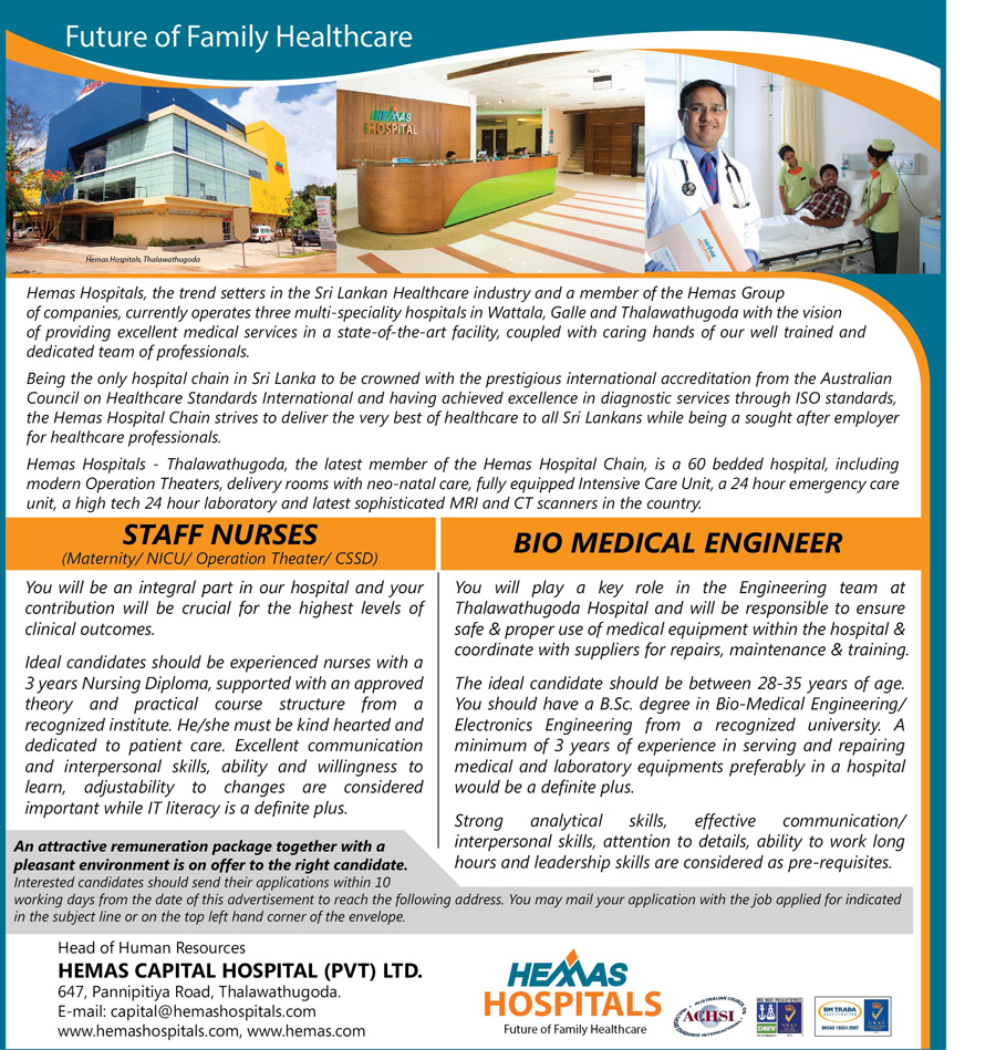 Vacancies for Staff Nurses and Bio Medical Engineer at Hemas Capital ...
