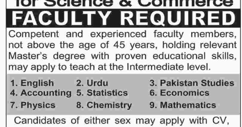 Jobs at Sir Adamjee Institute Intermediate College, Faculty Required ...