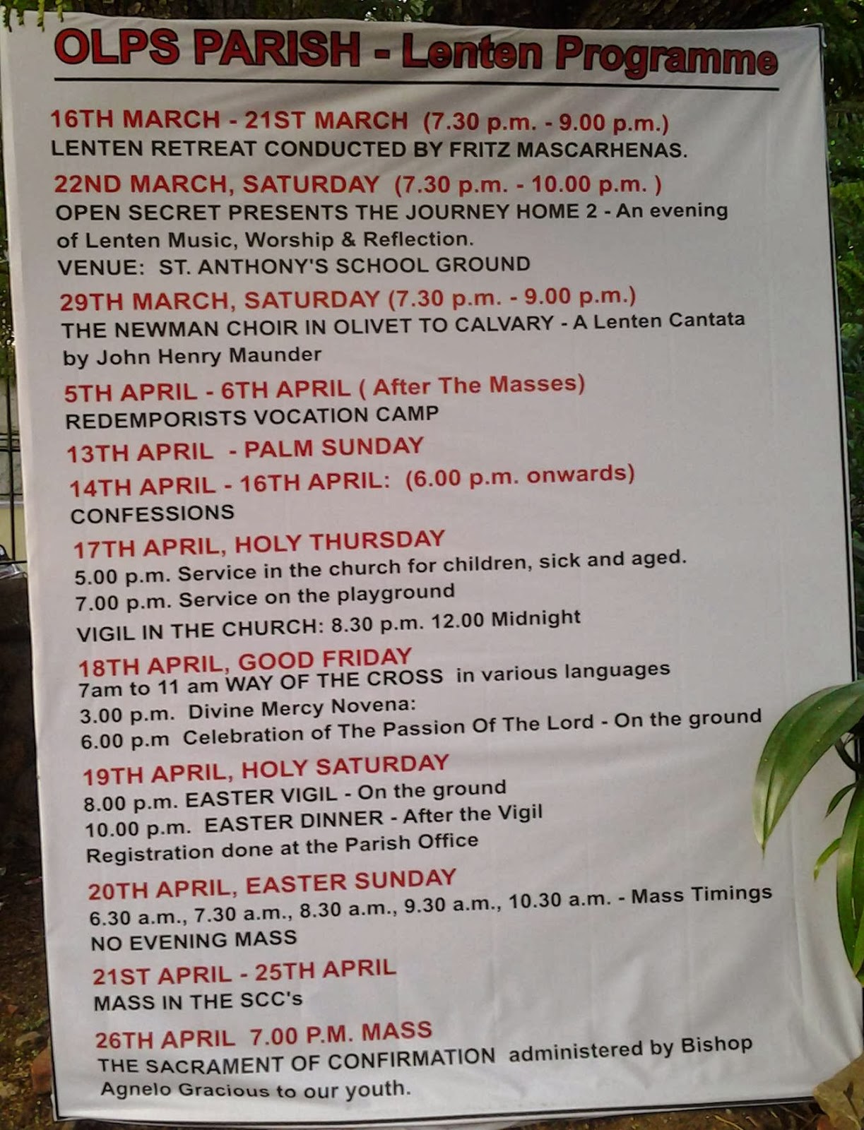 Timings of Churches in Mumbai and Elsewhere: Lenten Programme OLPS ...