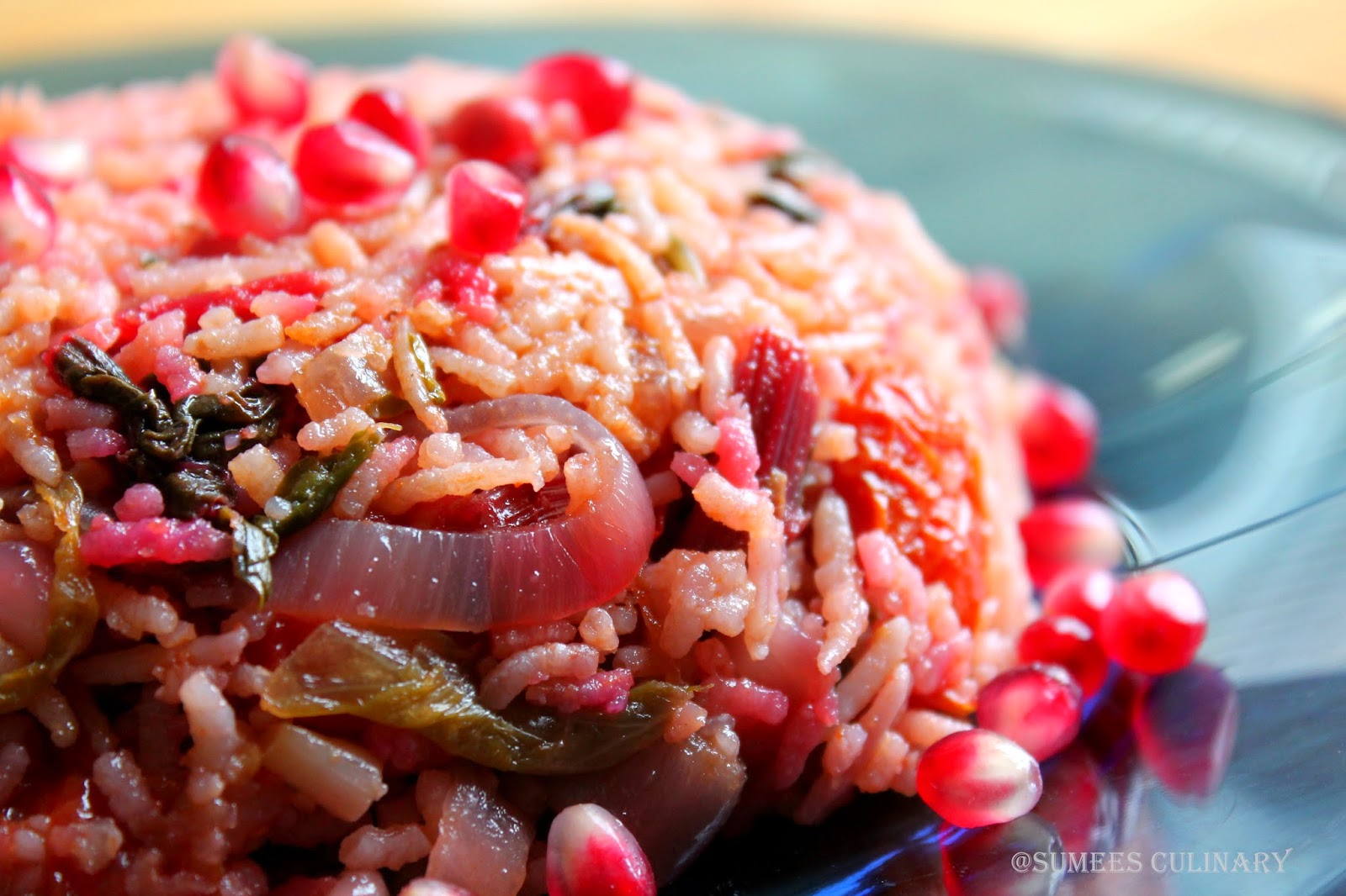 Sumee's Culinary Bites: Red Spinach Pomegranate Rice Pilaf/ Pulav