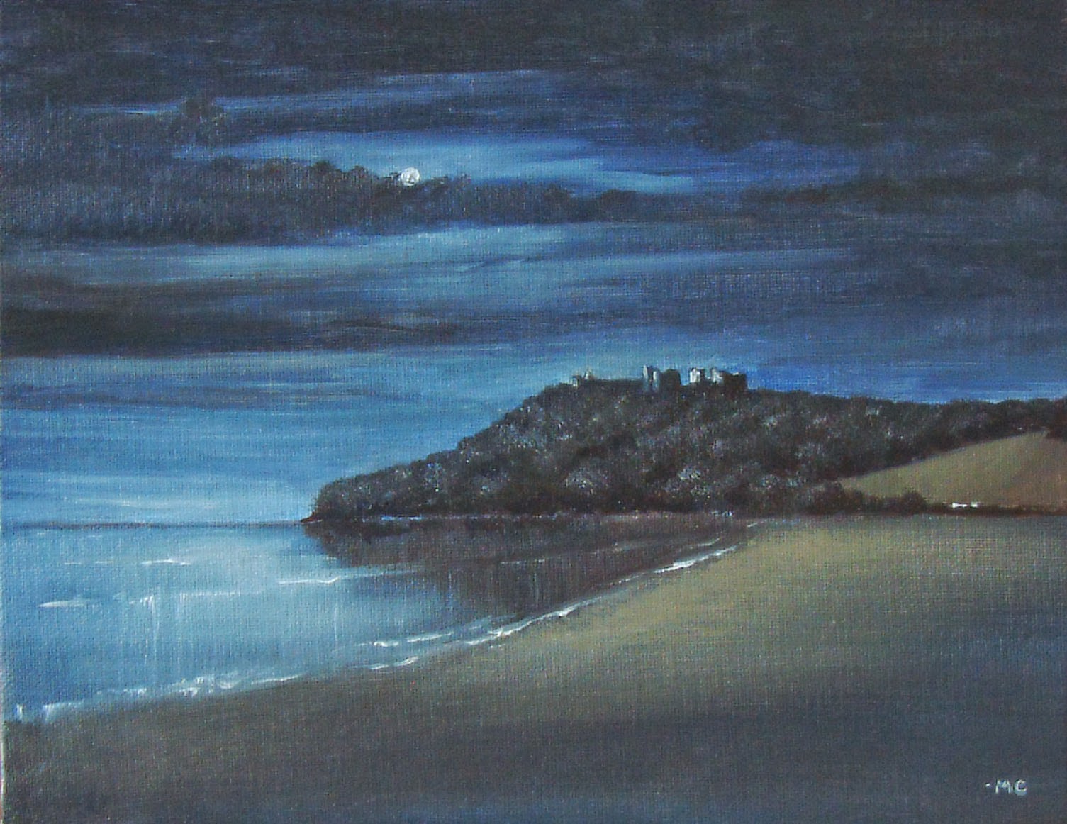 Carmarthen Artist: Llansteffan Castle by moonlight