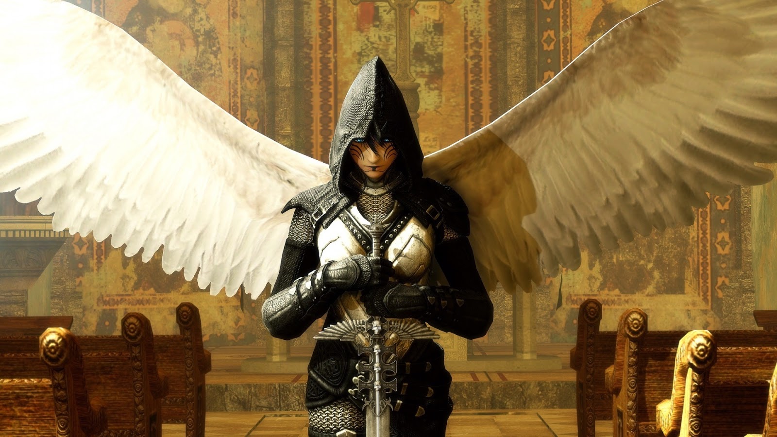 Fantasy Wallpapers: Female Knight Angel inside a Church (Fantasy Wallpaper)